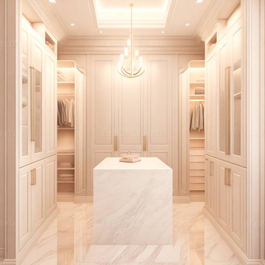 Beige Finish U-Shaped Luxury Walk-In Closet with Lights and Quartz ...