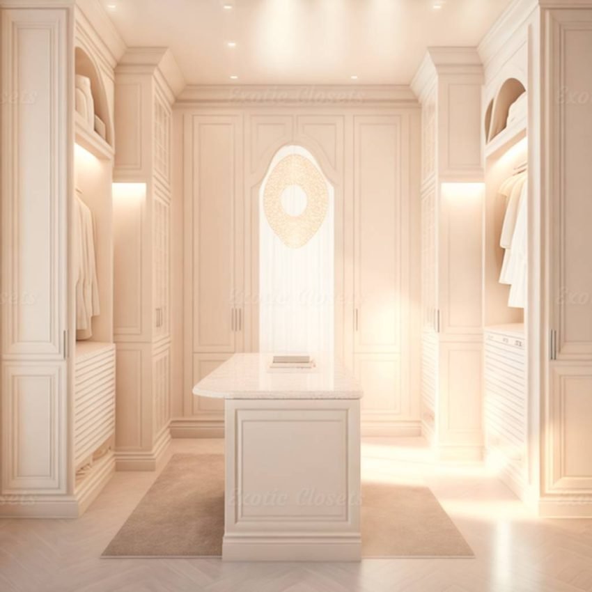 Beige Finish U-Shaped Luxury Walk-In Closet with Lights and Quartz ...