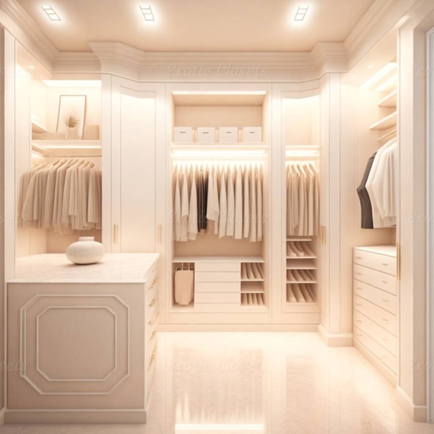 Beige Finish U-Shaped Luxury Walk-In Closet with Lights and Quartz ...