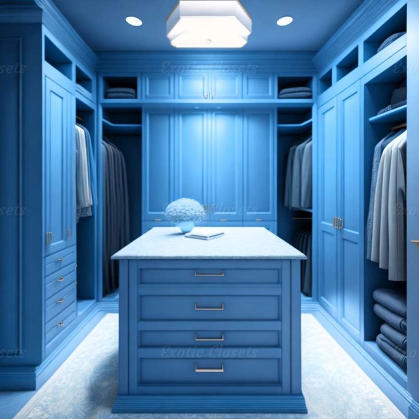 Dusty Blue Finish U-Shaped Luxury Walk-In Closet with Lights and Quartz ...